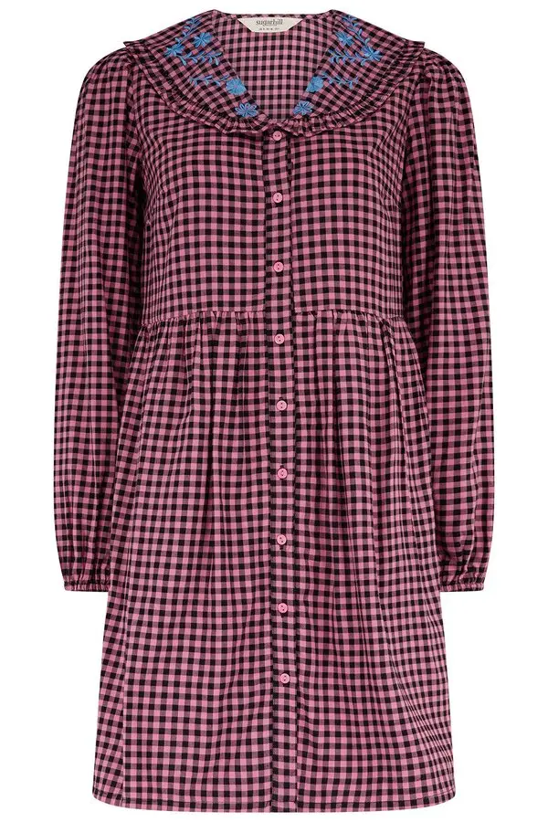 SUGARHILL BRIGHTON Ondrea Short Smock Dress Rose Gingham Floral Embroidery - Pink