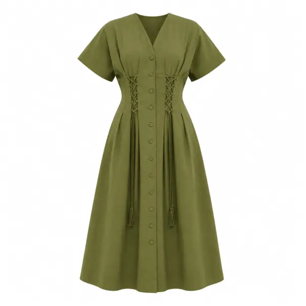 EXQUISE V-neck Tie-waist Midi Dress - Green