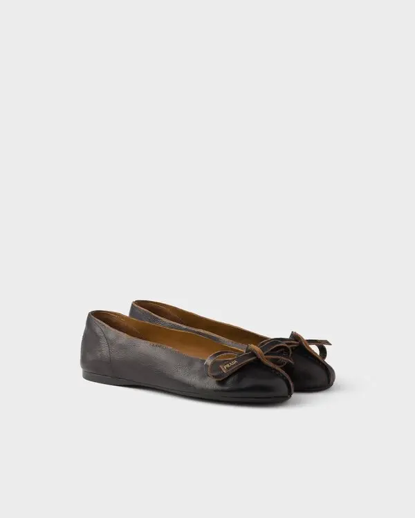 Prada Antiqued Leather Ballerinas - Black/tan