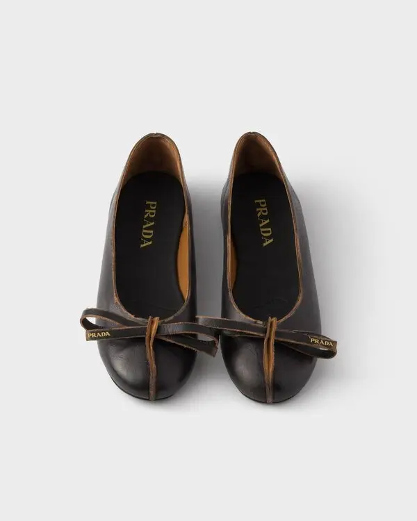 Prada Antiqued Leather Ballerinas - Black/tan