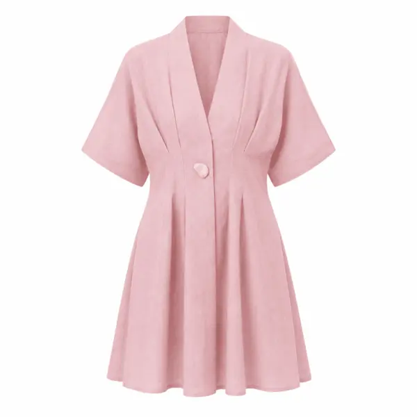 EXQUISE Alita V Neck Short Sleeve Linen Mini Dress - Pink