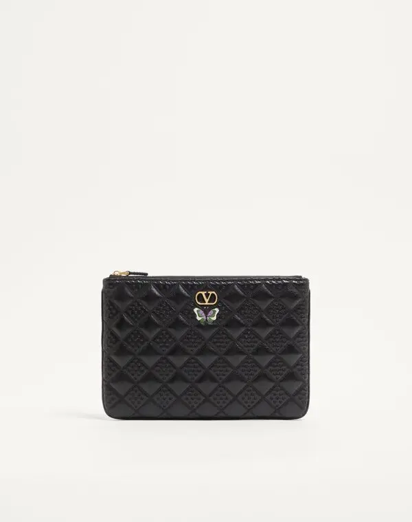 Valentino Garavani Flutterby Clutch In Shiny Nappa Leather With Butterfly Embroidery - Black