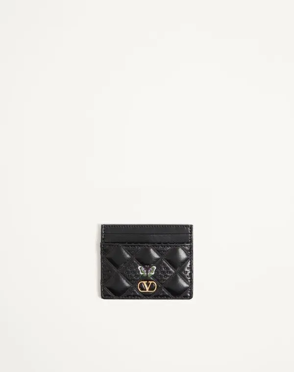 Valentino Garavani Flutterby Cardholder In Shiny Nappa Leather With Butterfly Embroidery - Black