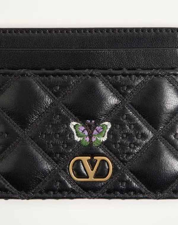 Valentino Garavani Flutterby Cardholder In Shiny Nappa Leather With Butterfly Embroidery