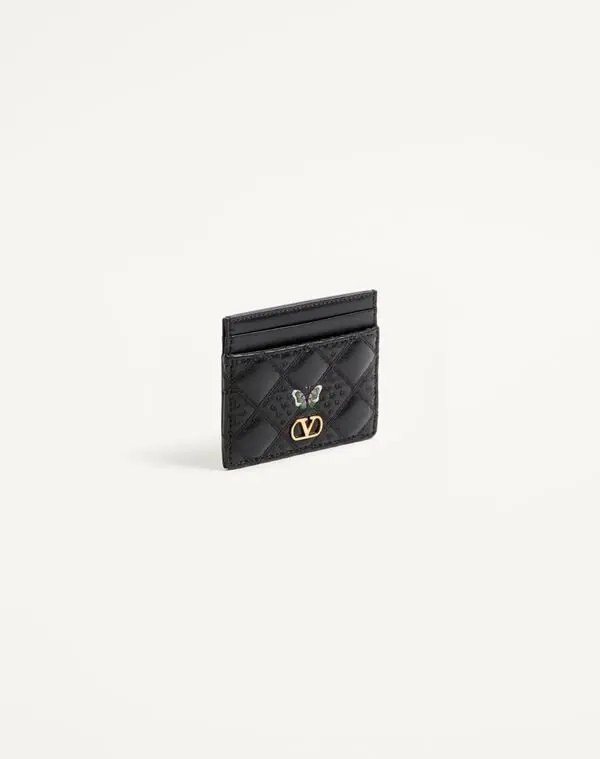 Valentino Garavani Flutterby Cardholder In Shiny Nappa Leather With Butterfly Embroidery