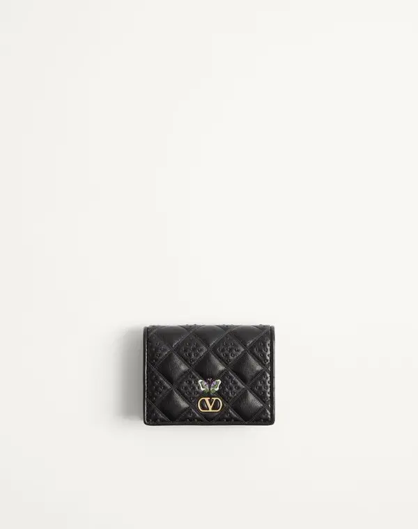 Valentino Garavani Flutterby Wallet In Shiny Nappa Leather With Butterfly Embroidery - Black