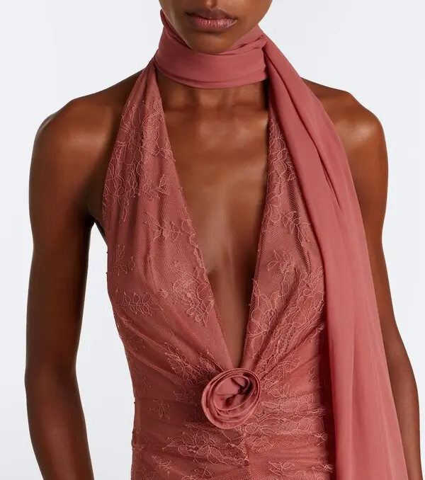 DE LA VALI Amora Ruched Scarf-detail Lace Maxi Dress