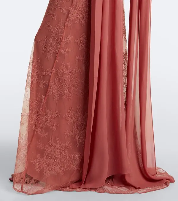 DE LA VALI Amora Ruched Scarf-detail Lace Maxi Dress