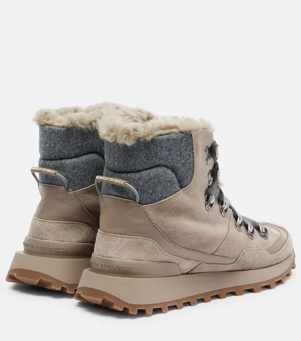 Brunello Cucinelli Monili Shearling-trimmed Suede Ankle Boots - Beige