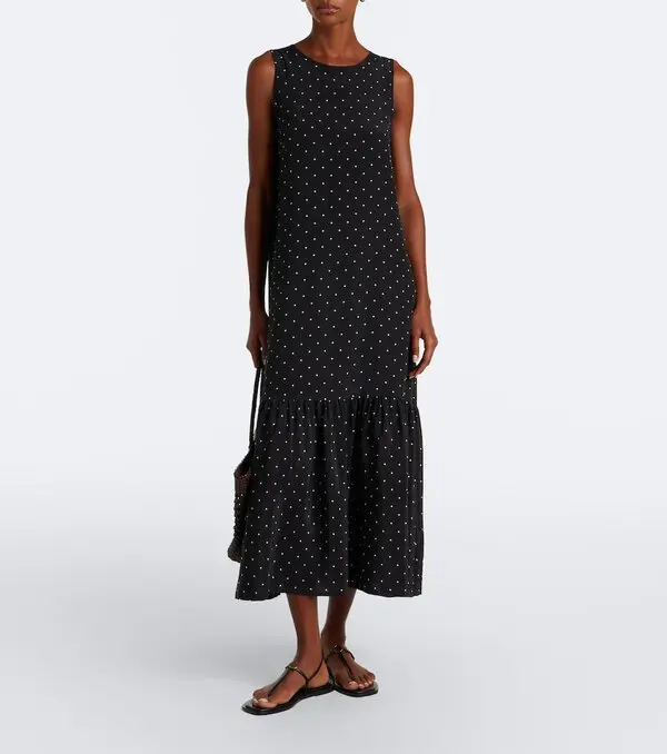 Asceno Polka-dot Tiered Silk Midi Dress