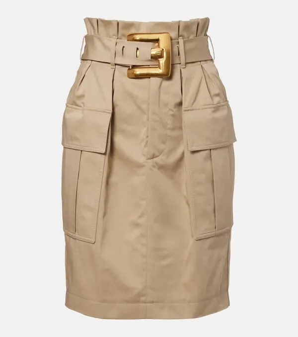 Balmain Belted Cotton Gabardine Miniskirt - Beige