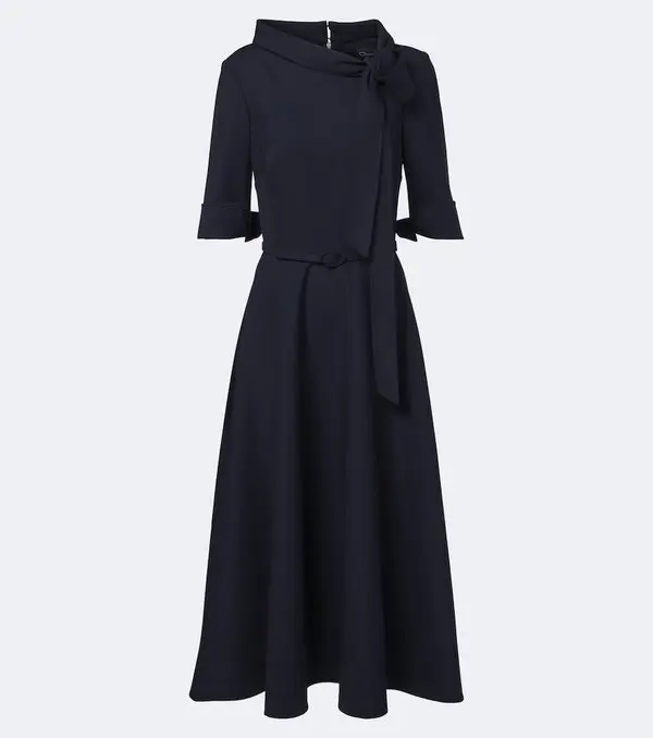 Oscar De La Renta Belted Tie-neck Wool-blend Midi Dress - Blue