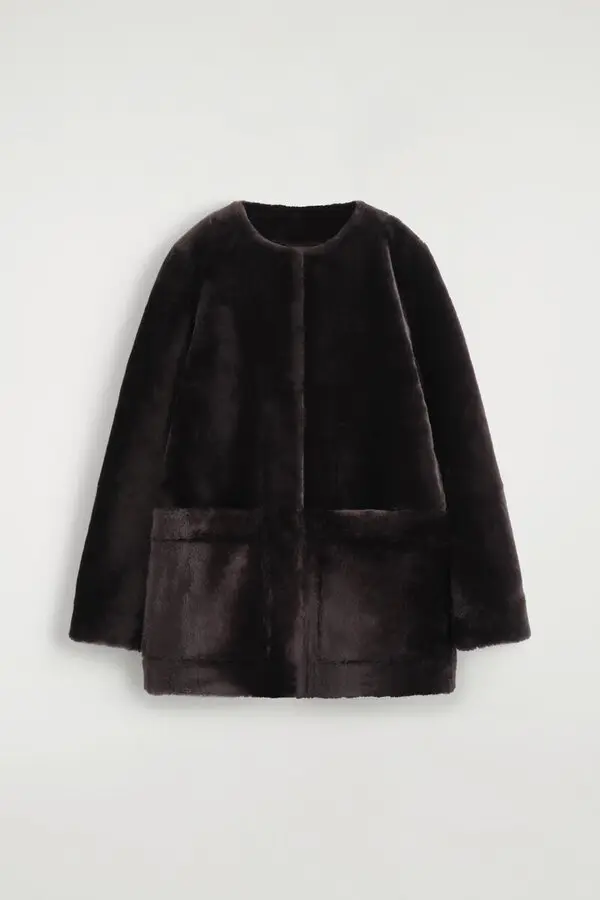 Cos Collarless Shearling Jacket - Brown