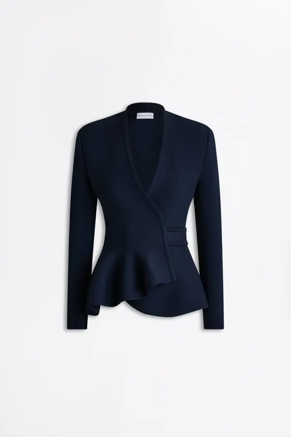 Scanlan Theodore Crepe Knit Wrap Peplum Jacket - Navy