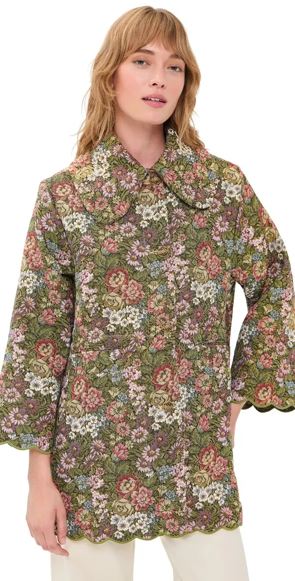 Farm Rio Flower Jacquard Trench Coat - Green