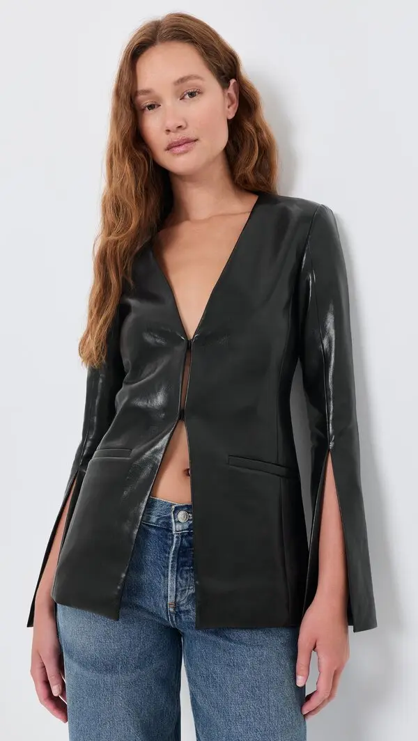 Alice + Olivia Venita Faux Leather Slim Collarless Blazer