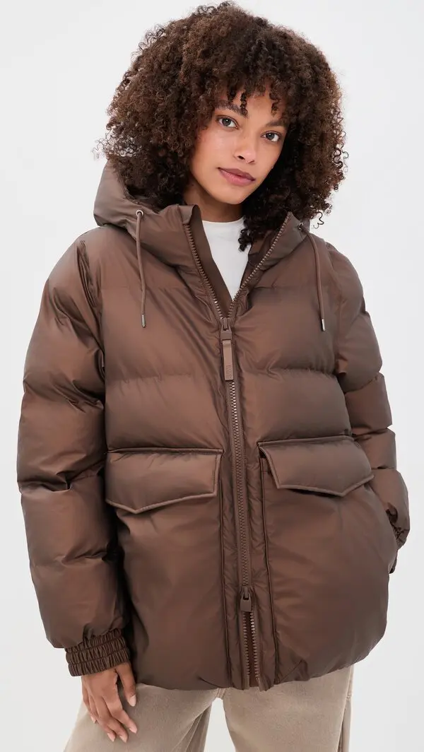 Rains Puffer A-line Jacket With Drawstring Hood And Zip Closure