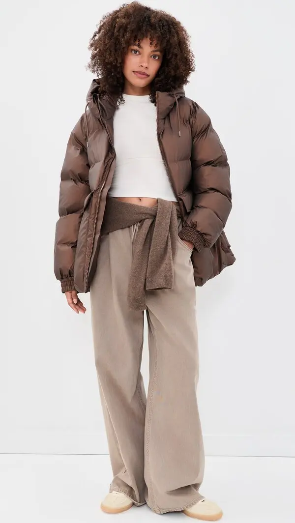Rains Puffer A-line Jacket With Drawstring Hood And Zip Closure