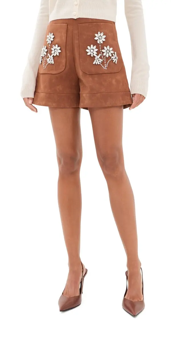 LEO LIN Tessa Embellished Vegan Suede Shorts - Chestnut
