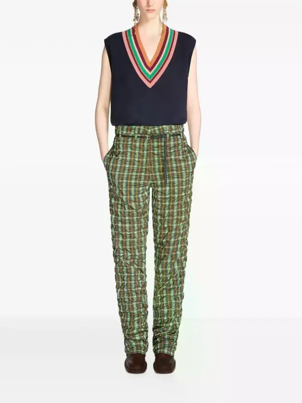 Dries Van Noten Belted Seersucker Checkered Pants