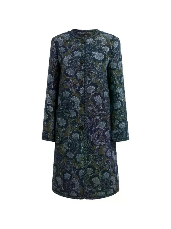 Etro Coat In Cotton-blend Bouclé Jacquard With Floral Motif - Blue