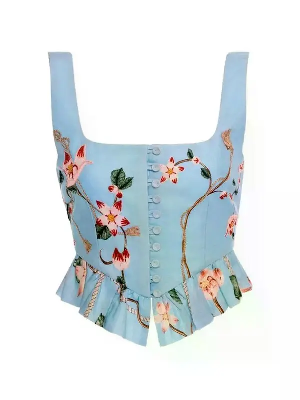Agua Bendita Embroidered Linen Blouse - Blue