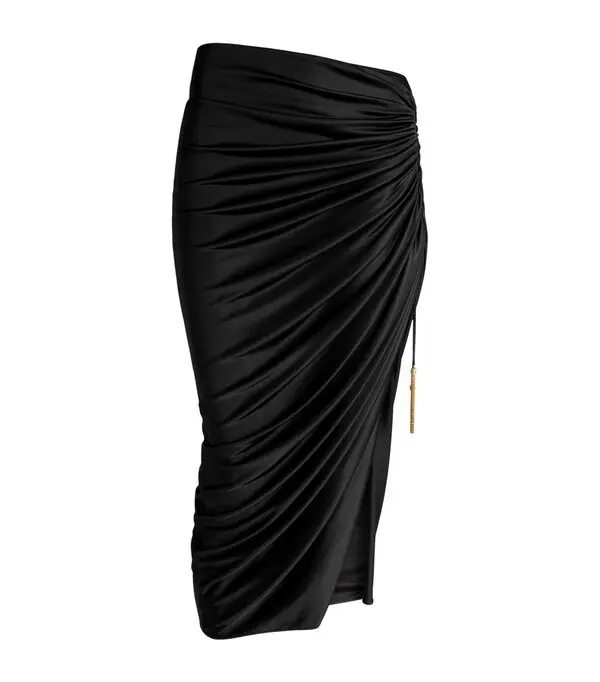 Balmain Jersey Ruched Midi Skirt - Black