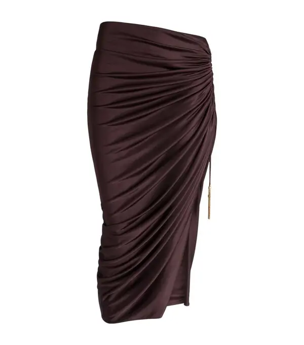 Balmain Jersey Ruched Midi Skirt - Brown