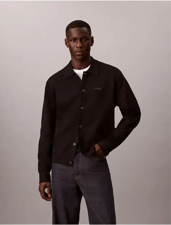 Calvin Klein Tech Knit Button Long Sleeve Polo Sweater - Black
