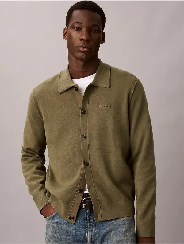 Calvin Klein Tech Knit Button Long Sleeve Polo Sweater - Olive Night