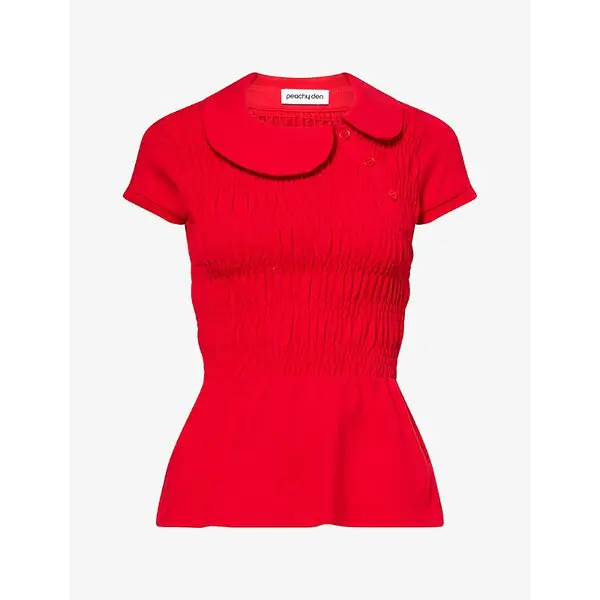 PEACHY DEN Ferdinand Shirred Cotton-stretch Polo Top - Tomato