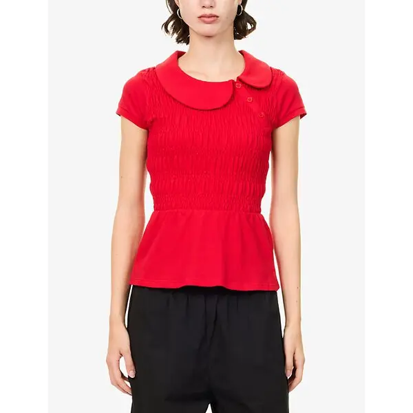 PEACHY DEN Ferdinand Shirred Cotton-stretch Polo Top - Tomato