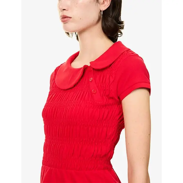 PEACHY DEN Ferdinand Shirred Cotton-stretch Polo Top - Tomato