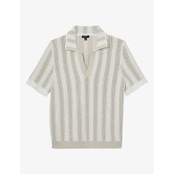 REISS Globe Crochet Stripe Cotton-blend Polo Shirt - Stone White