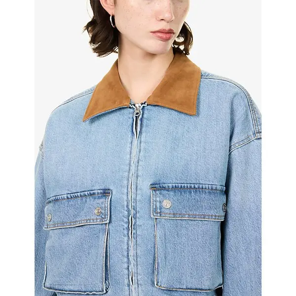 Good American Contrast-collar Cropped Denim Jacket