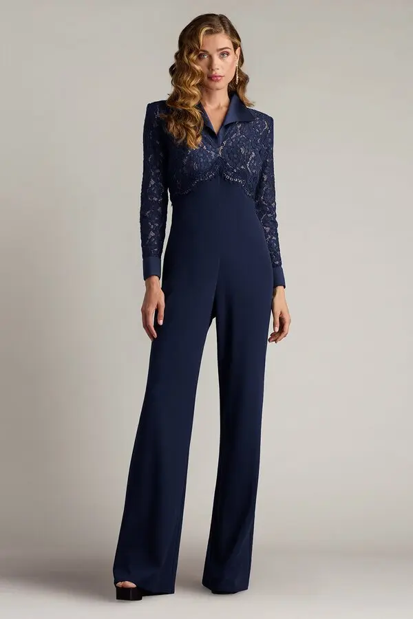 Tadashi Shoji Lace Collar Jumpsuit - Navy/nude