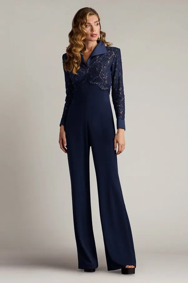 Tadashi Shoji Lace Collar Jumpsuit - Navy/nude