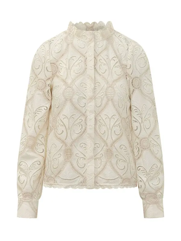 Farm Rio Graphic Lace Long-sleeve Blouse - Off-white