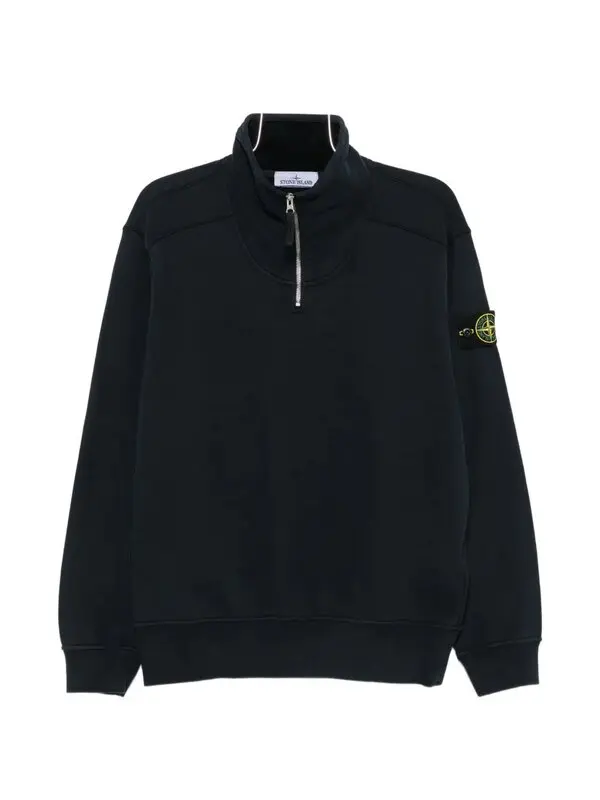 Stone Island Standard Collar Cotton Sweatshirt With Short Zip & Ribbed Placket, Ribbed Cuffs And Hem - Blu