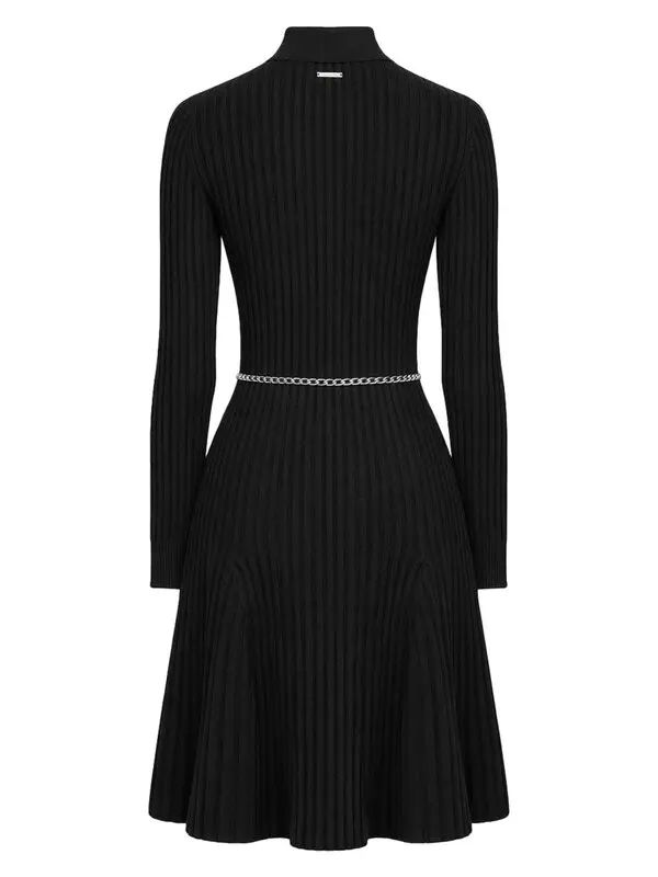 Michael Kors Ribbed Mock Neck Sweater Dress With Chain Belt - Black