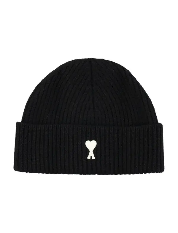 AMI Paris Wool Ribbed Beanie With Logo Patch - Nero