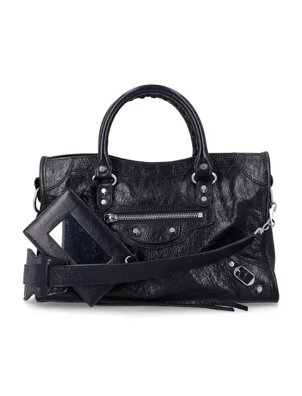 Balenciaga Mini Le City Handbag In Black Arena Lambskin With Braided Handles, Silver-tone Hardware - Nero