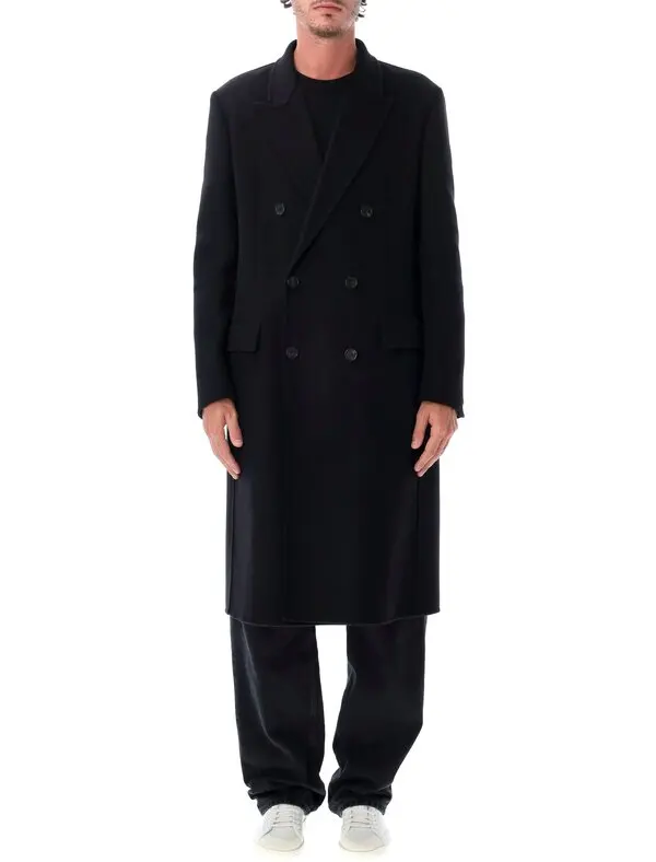 Saint Laurent Knee-length Double-breasted Wool Jacket With Peak Lapels And Cassandre Embroidery - Nero