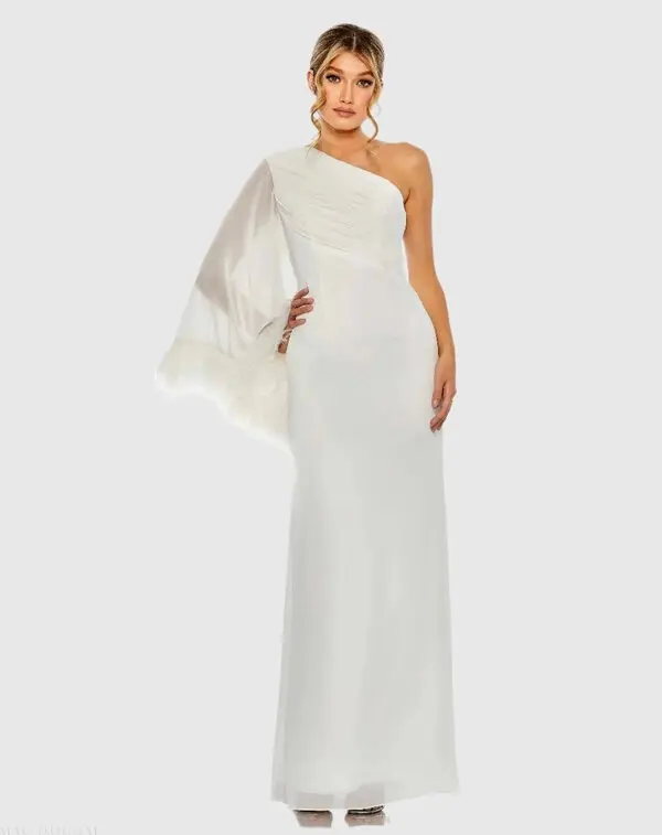Mac Duggal Feather Cuff One Shoulder Ruched Gown - White