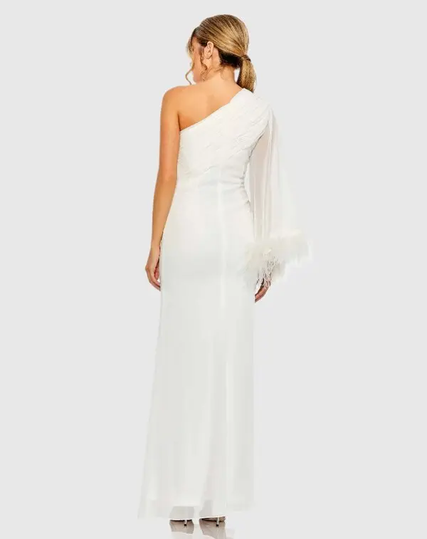 Mac Duggal Feather Cuff One Shoulder Ruched Gown