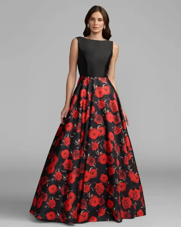 Mac Duggal Petite Black And Red Floral Open Back Ball Gown - Red Rose