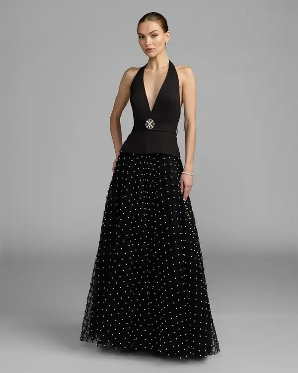 Mac Duggal Petite Halter Pearl Embellished A-line Gown - Black
