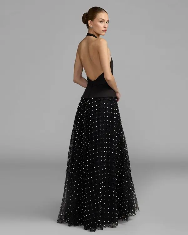 Mac Duggal Petite Halter Pearl Embellished A-line Gown
