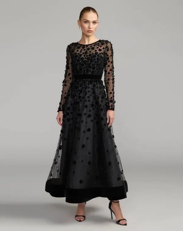 Mac Duggal Velvet Floral Appliqu Maxi Dress - Black