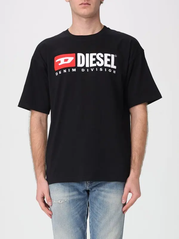 DIESEL® Crew Neck Cotton T-shirt With Contrast Logo And Dropped Shoulders - Black